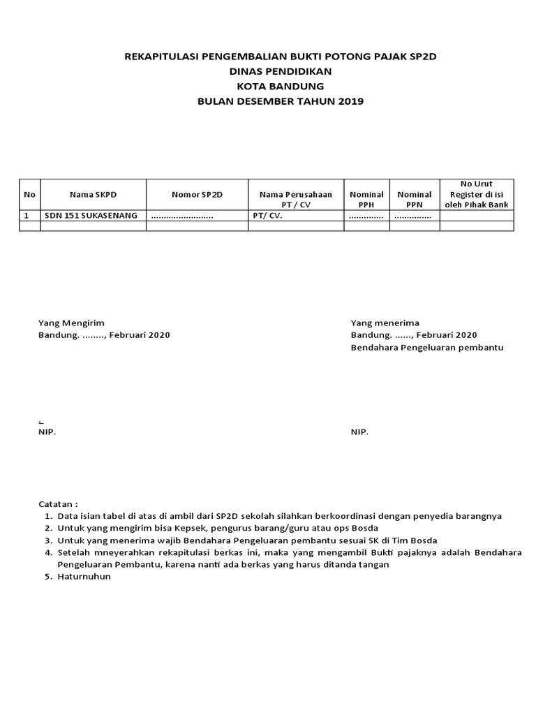 Format REKAPITULASI PENGEMBALIAN BUKTI POTONG PAJAK SP2D | PDF