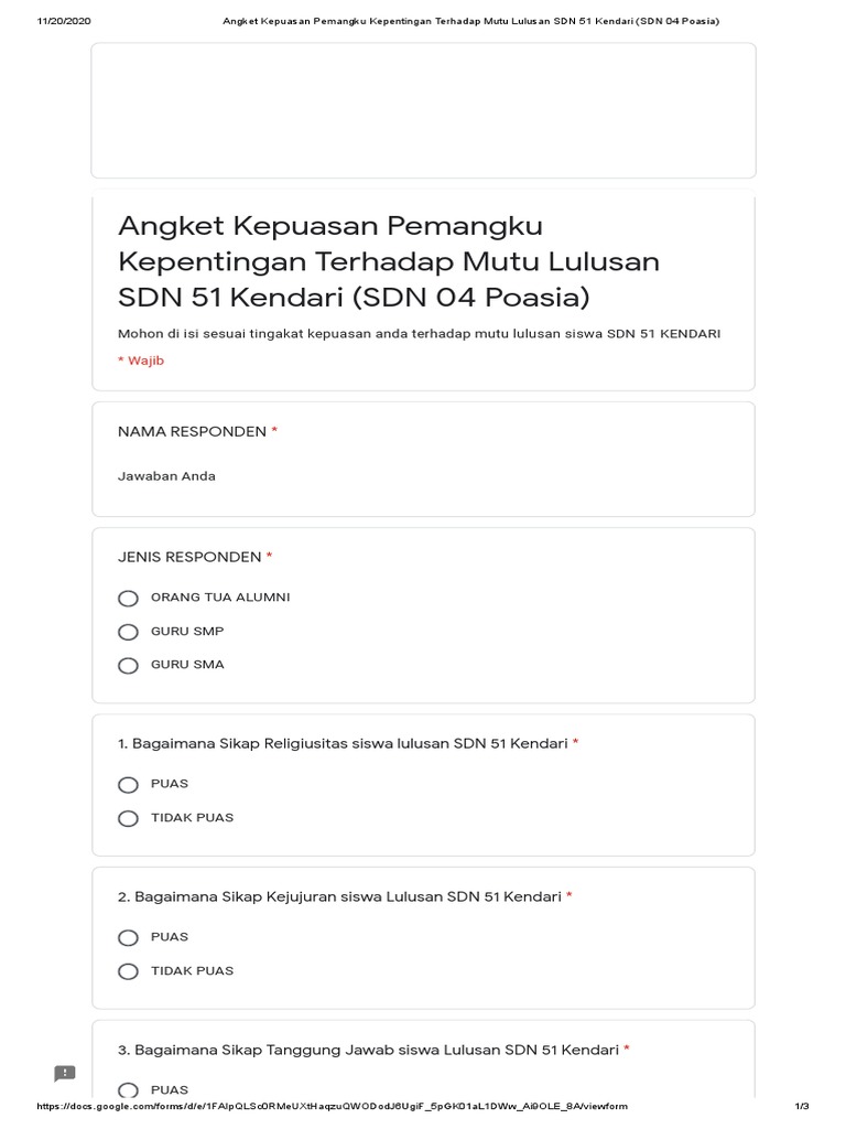 Angket Kepuasan Pemangku Kepentingan Terhadap Mutu Lulusan SDN 51 Kendari (SDN 04 Poasia) | PDF ...