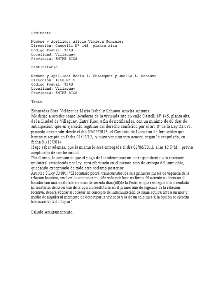 Rescindir Contrato (TXT de Carta Documento) | PDF