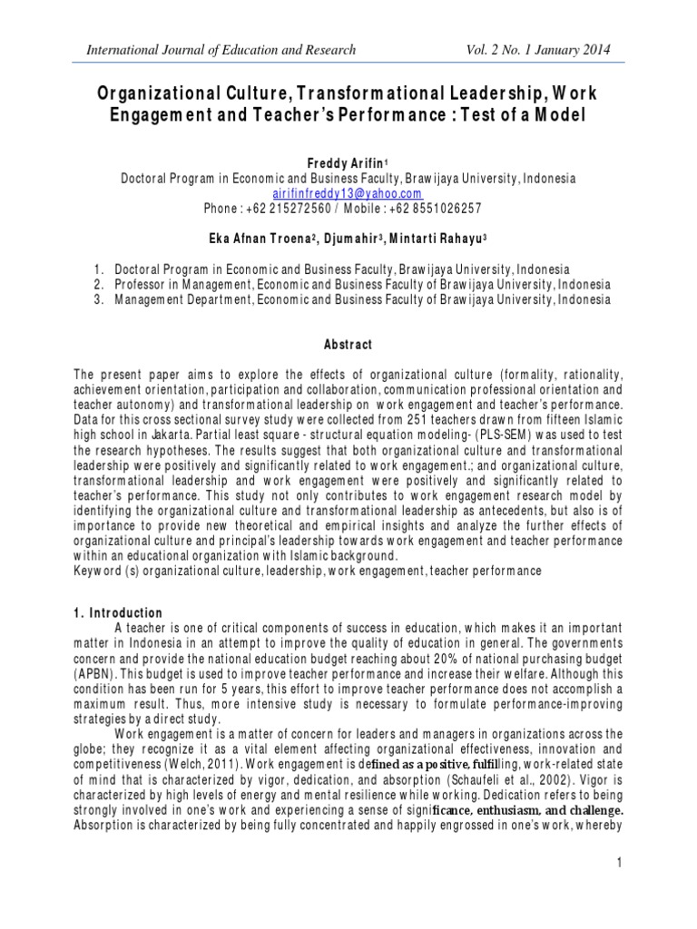Organizational Culture, Transformational Leadership, Work Engagement and Teacher's Performance ...