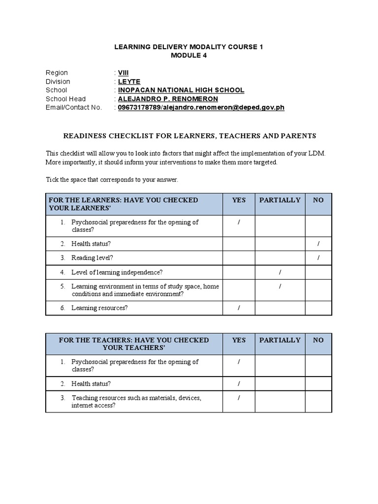 Readiness Checklist For Learners, Teachers and Parents: Learning ...