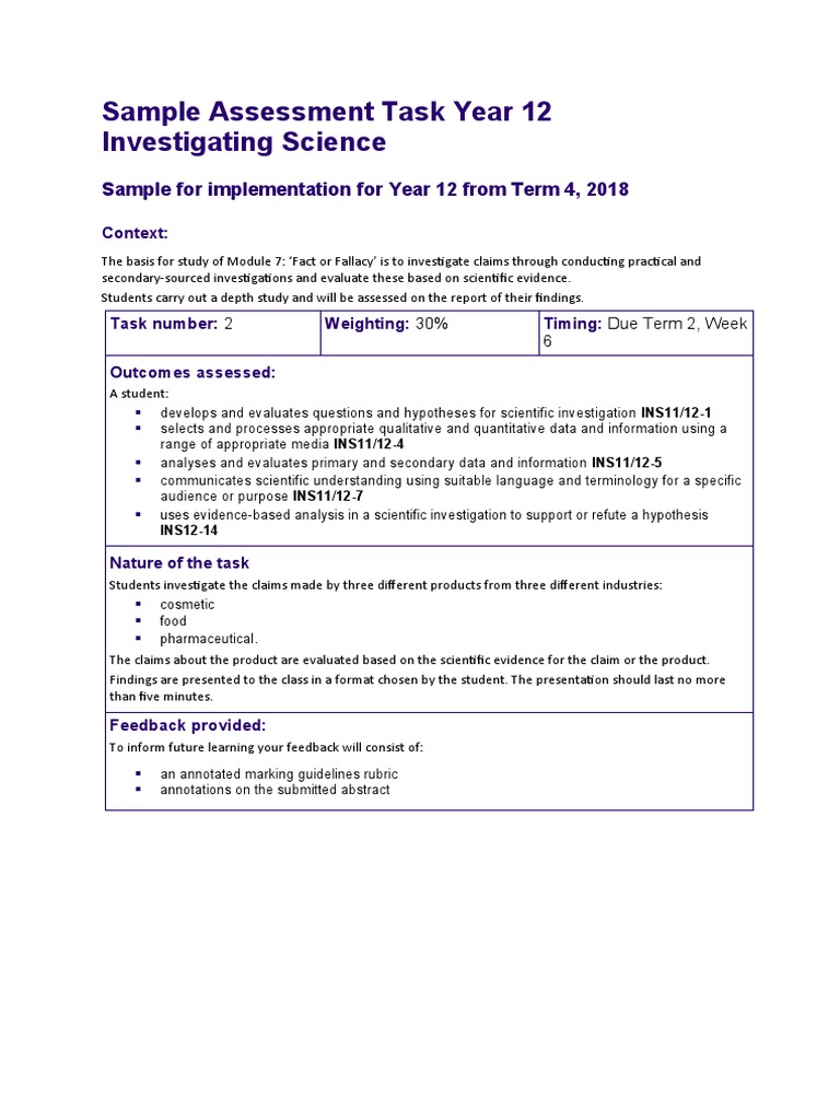 Sample Assessment Task Year 12 Investigating Science | PDF ...