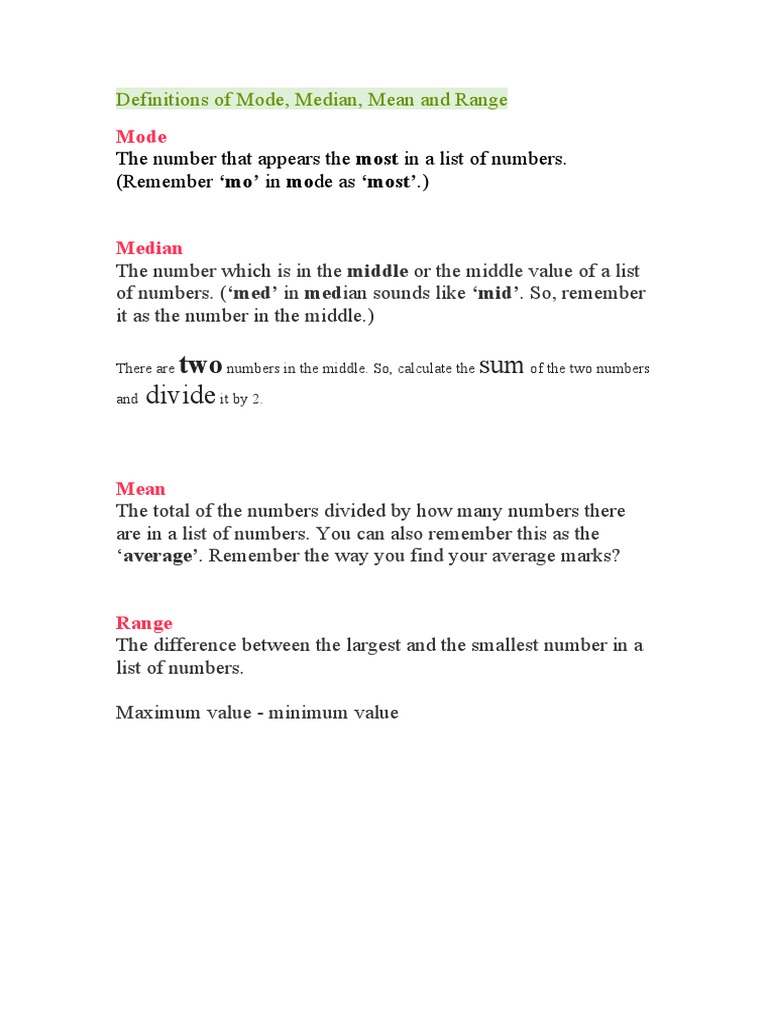 Definitions of Mode, Median, Mean and Range | PDF