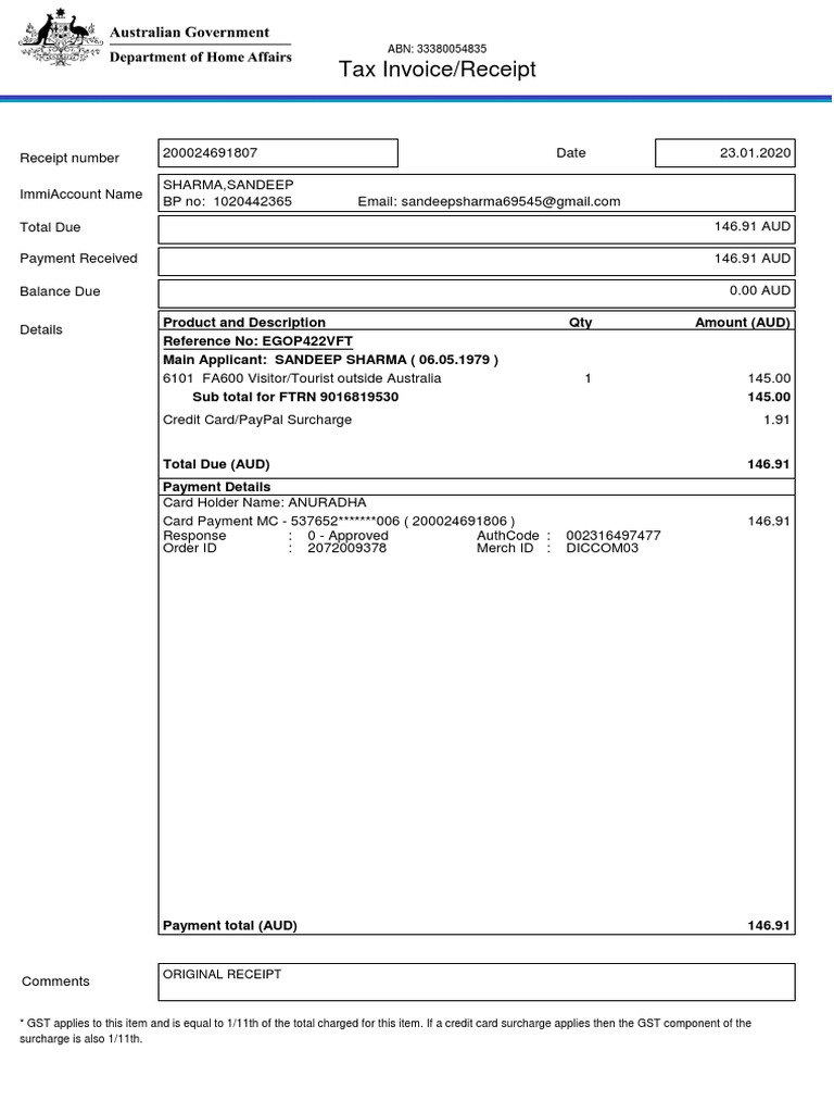 Visa Fee InvoiceReceipt PDF | PDF | Receipt | Payments