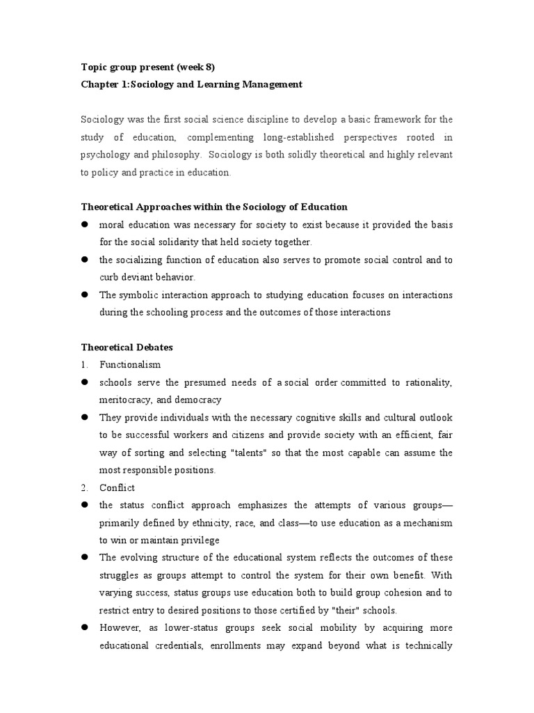 Topic Group Present (Week 8) Chapter 1:sociology and Learning ...