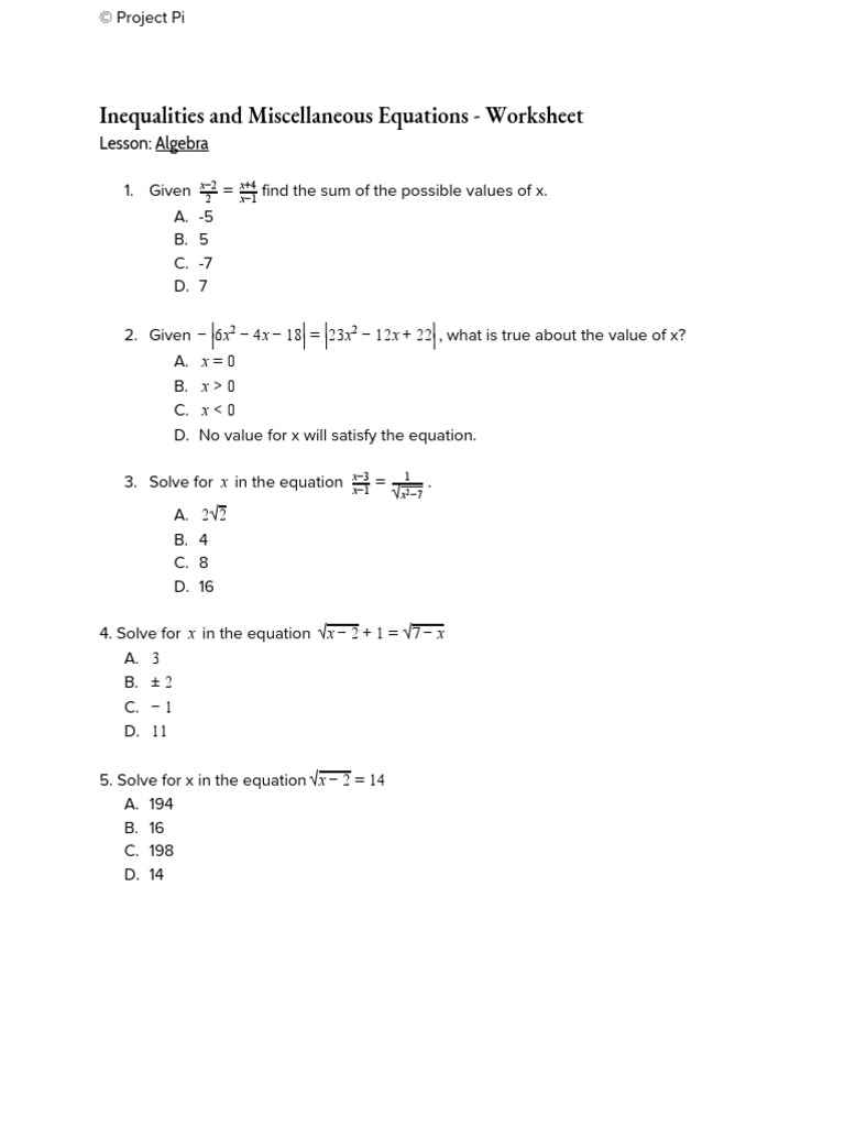 Miscellaneous Equations and Inequalities Worksheet | PDF | Equations | Mathematical Analysis