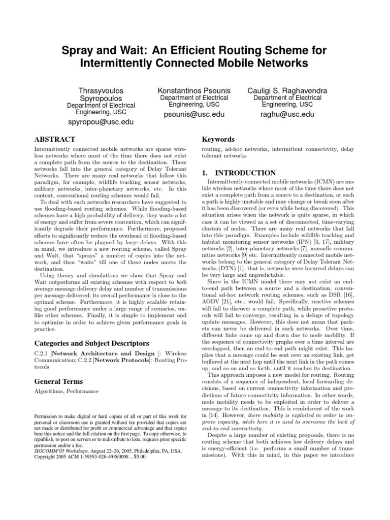 Spray and Wait: An Efficient Routing Scheme For Intermittently Connected Mobile Networks | PDF ...