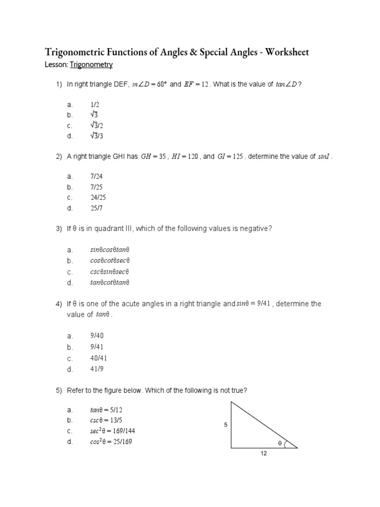 Trigonometry - Trigonometric Angles and Ratios Worksheet PDF | PDF ...