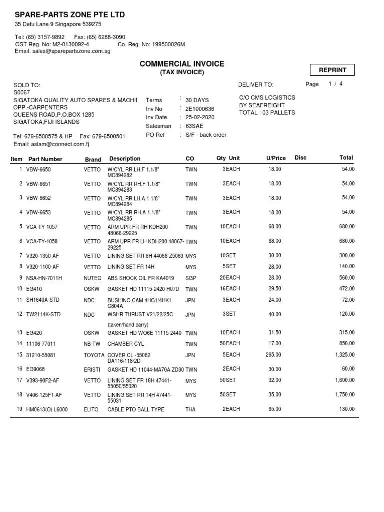 Spare-Parts Zone Pte LTD: (Tax Invoice) Reprint | PDF