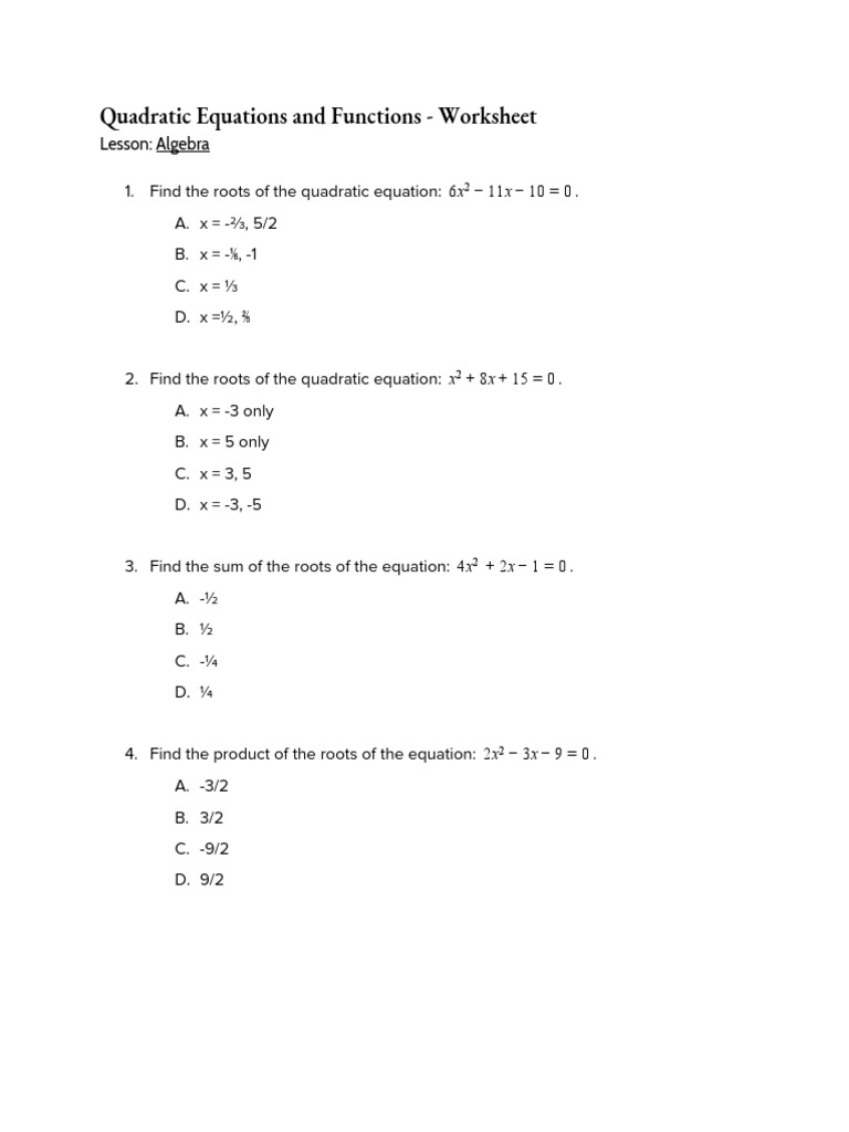 Algebra - Quadratic Equations and Functions Worksheet | PDF | Quadratic ...