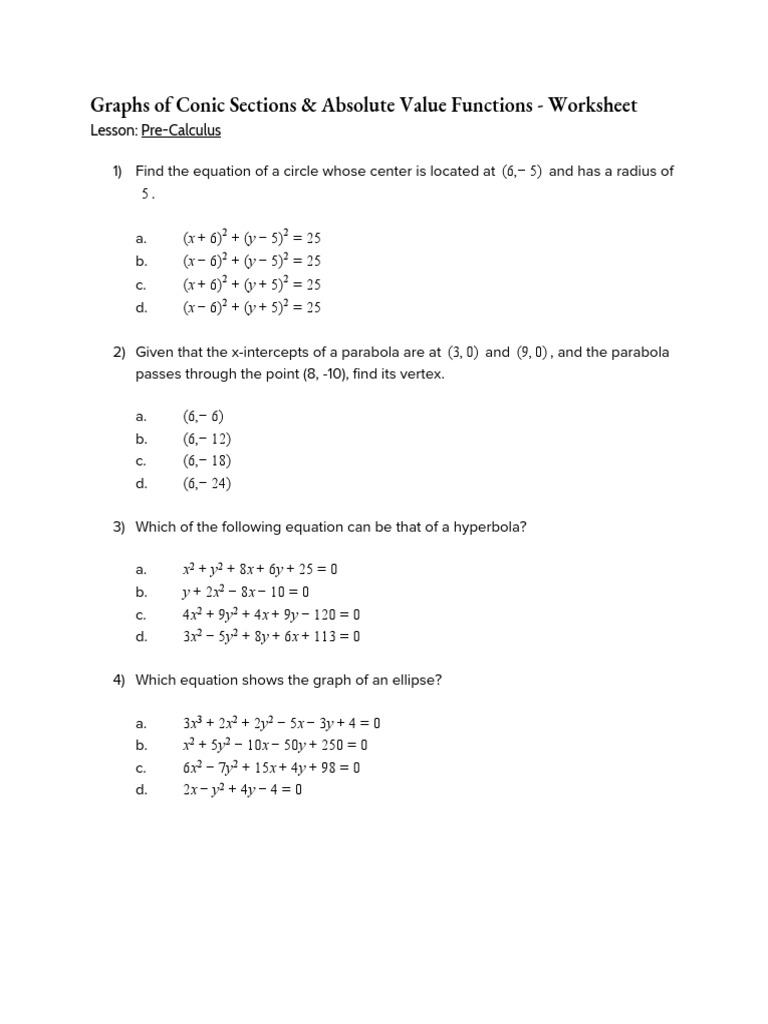 Pre-Cal - Conic Sections and Other Graphs Worksheet | PDF | Circle ...