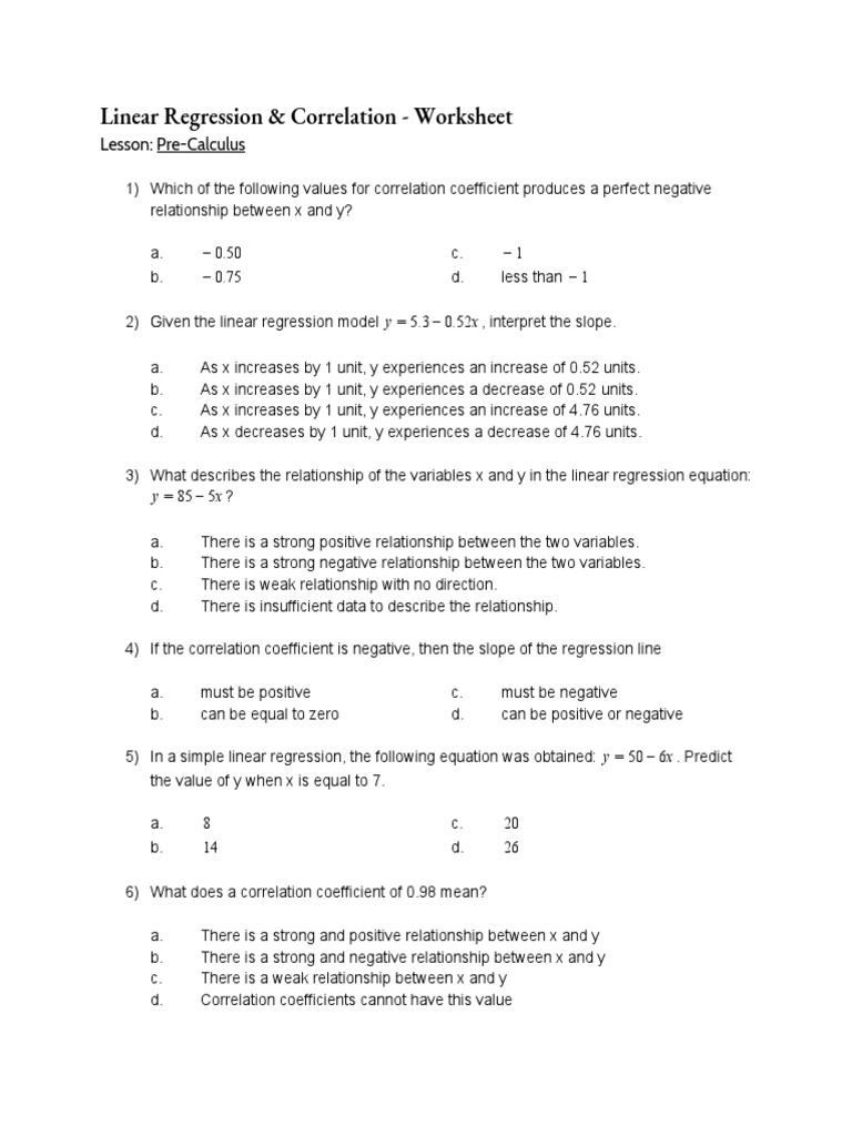 Statistics - Linear Regression - Correlation Worksheet PDF | PDF | Correlation And Dependence ...