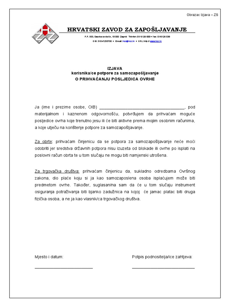 2 Izjava o Prihvaćanju Posljedica Ovrhe - Samozapošljavanje - 2020 | PDF