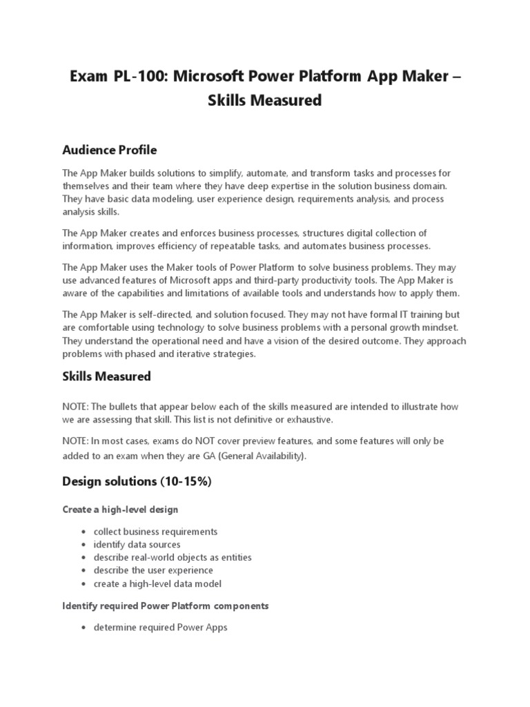 Exam PL-100: Microsoft Power Platform App Maker - Skills Measured | PDF ...