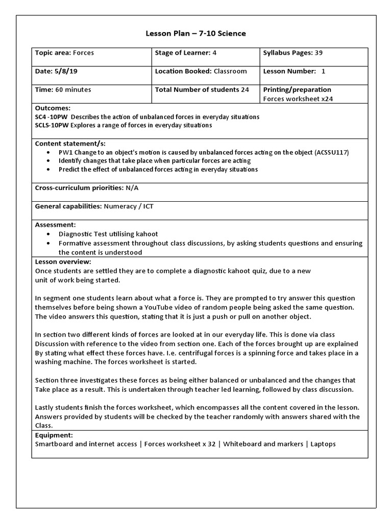 Forces Lesson Plan Final | PDF | Force | Teachers