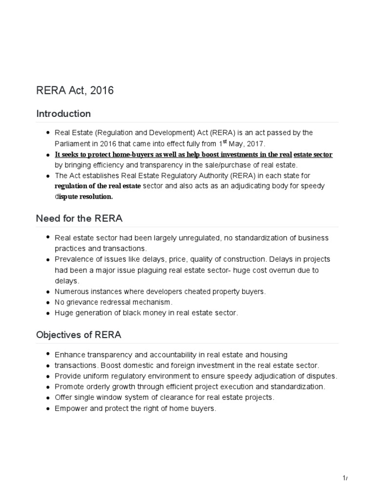RERA Act, 2016: It Seeks To Protect Home-Buyers As Well As Help Boost ...