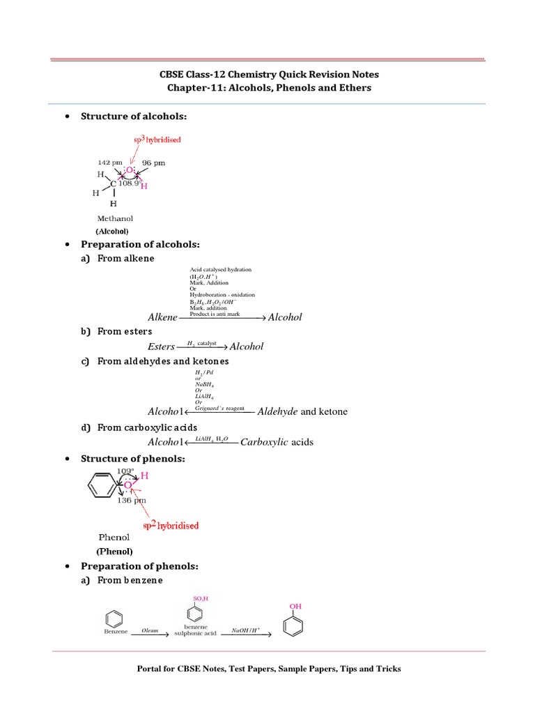 CBSE Class-12 Chemistry Quick Revision Notes Chapter-11: Alcohols ...