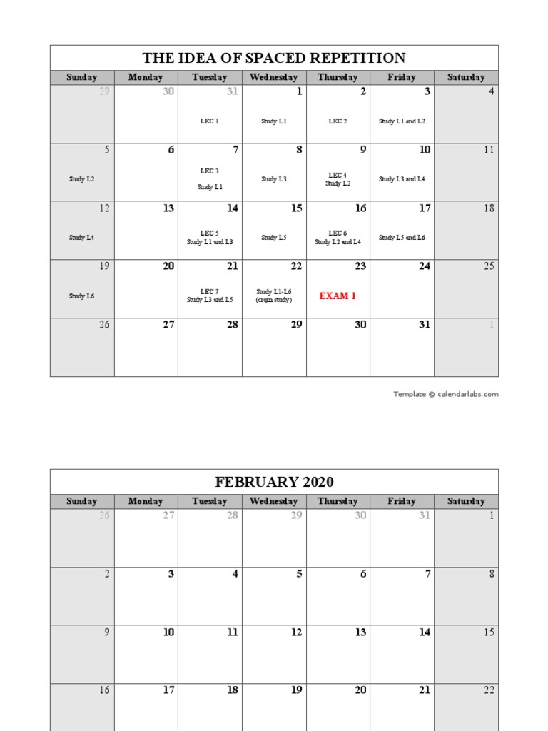 The Idea of Spaced Repetition: Sunday Monday Tuesday Wednesday Thursday ...