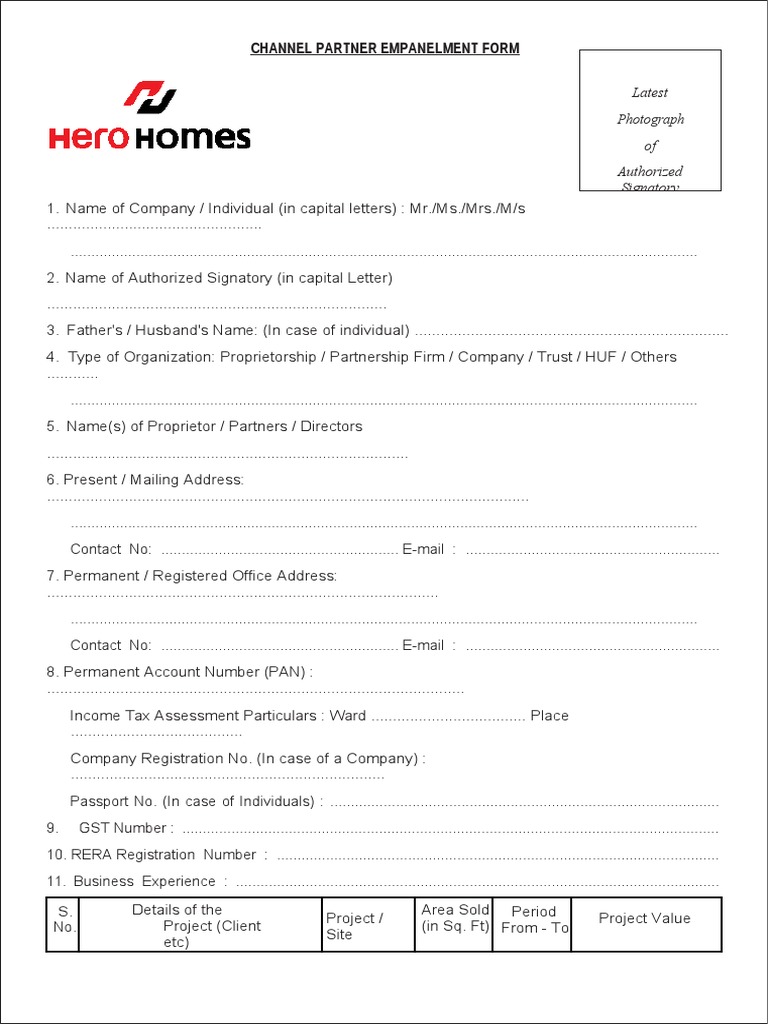 Channel Partner Empanelment Form: Latest Photograph of Authorized ...