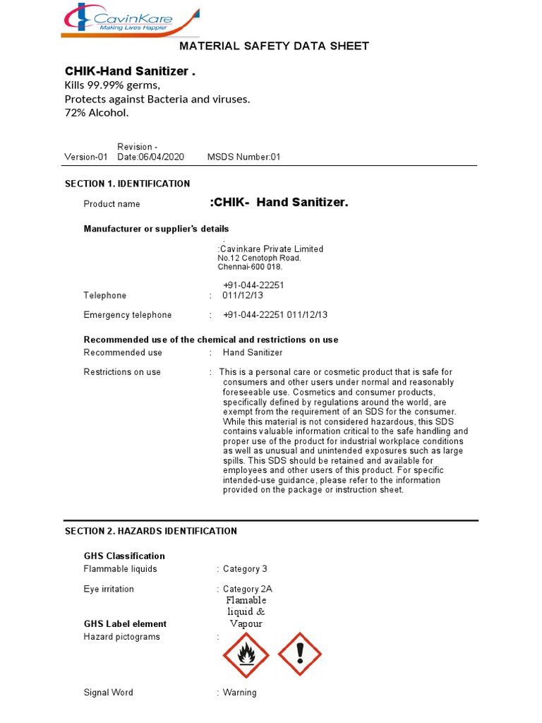 MSDS-Hand Sanitizer - CHIK | PDF | Personal Protective Equipment | Toxicity