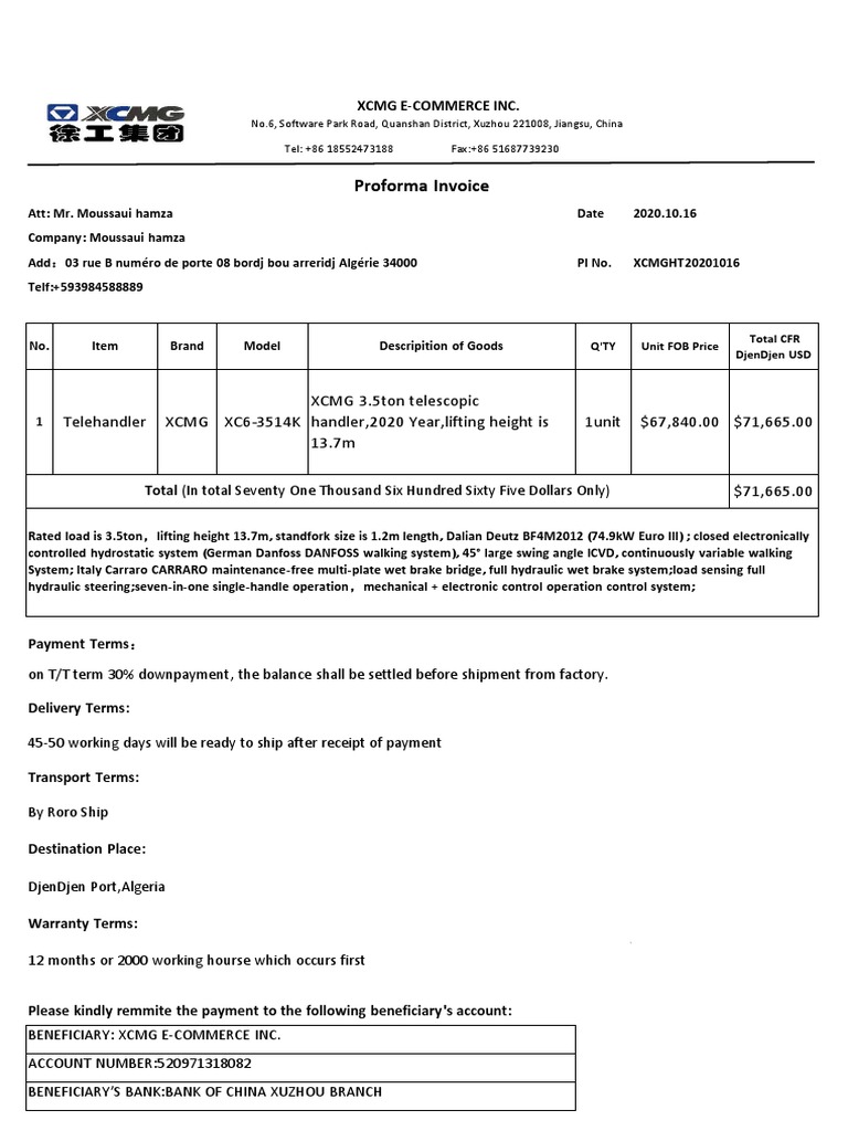 XCMG XC6-3514K Proforma Invoice 2020.10.16 PDF | PDF | Business