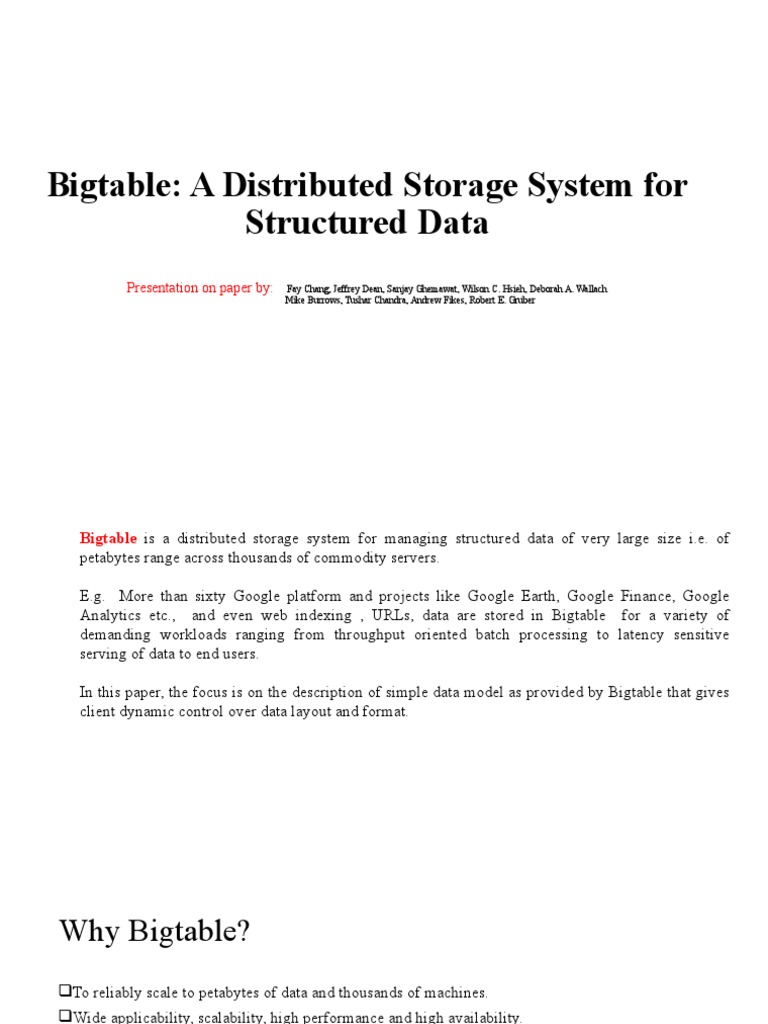 Bigtable: A Distributed Storage System For Structured Data: Presentation On Paper by | PDF ...