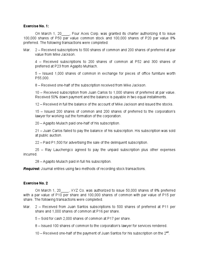 Exercise No. 1:: Required: Journal Entries Using Two Methods of ...