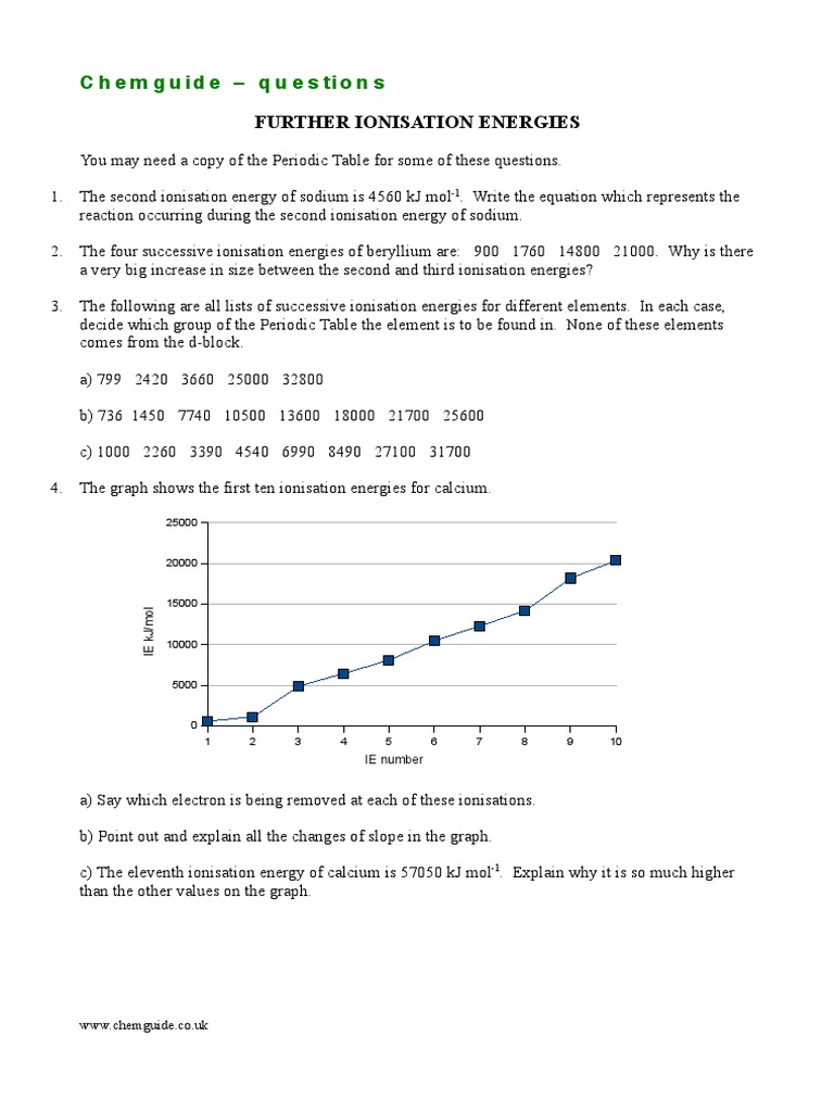 Chemguide - Questions: Further Ionisation Energies | PDF