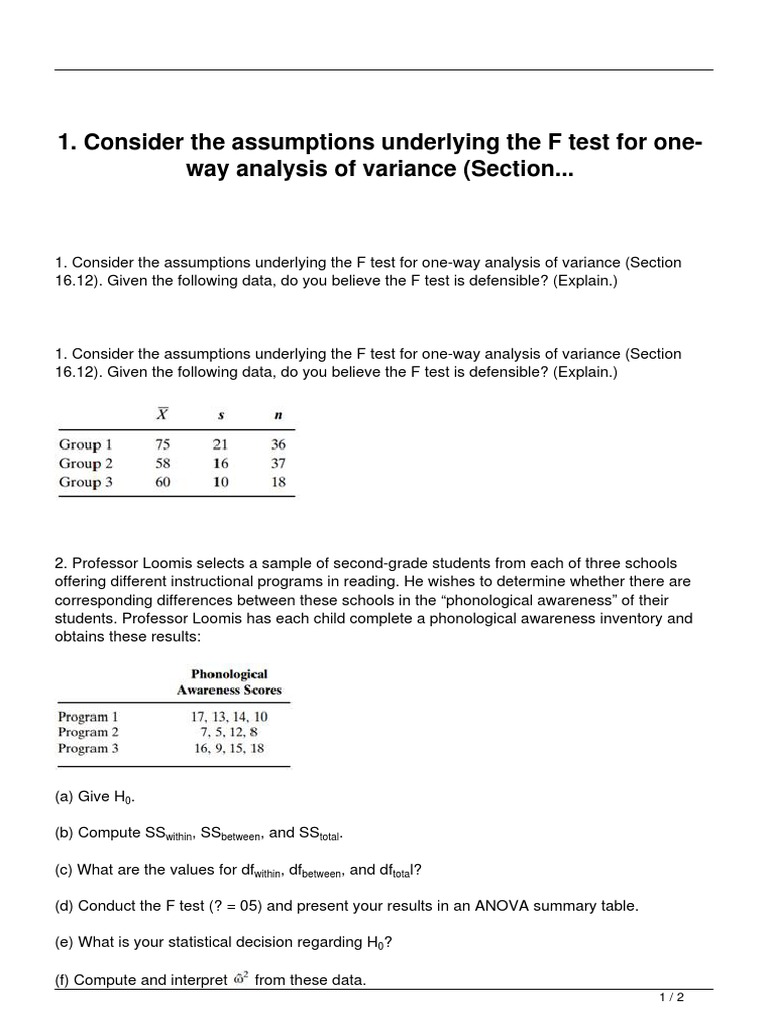 F Test Assumptions in ANOVA Analysis | PDF