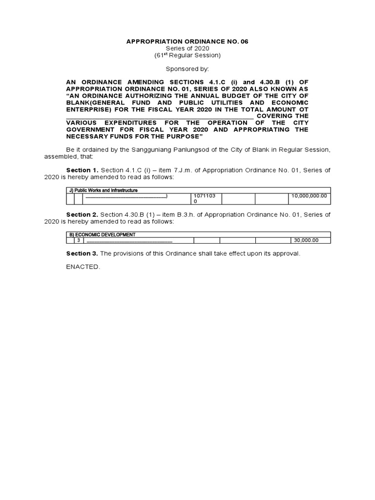 Sample Appropriation Ordinance | PDF
