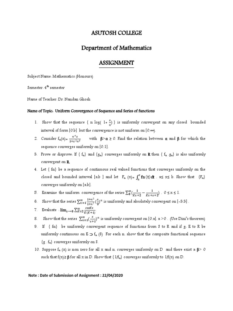 ASSIGNMENT Sequence and Series of Functions | PDF | Sequence | Infinity