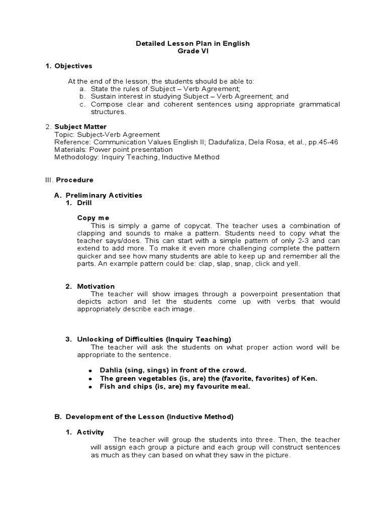 Detailed Lesson Plan in English Grade VI 1. Objectives | PDF | Subject ...