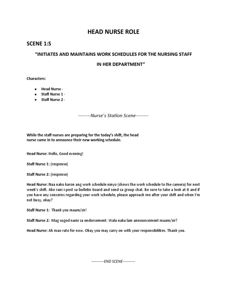 HEAD NURSE ROLE Role Play Script | PDF | Health Care | Health Sciences