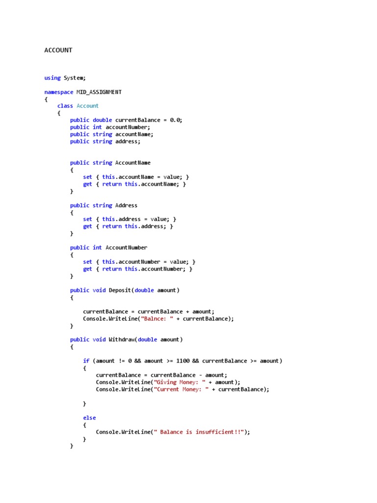 Account Using Namespace Class Public Double Public Int Public String Public String Pdf