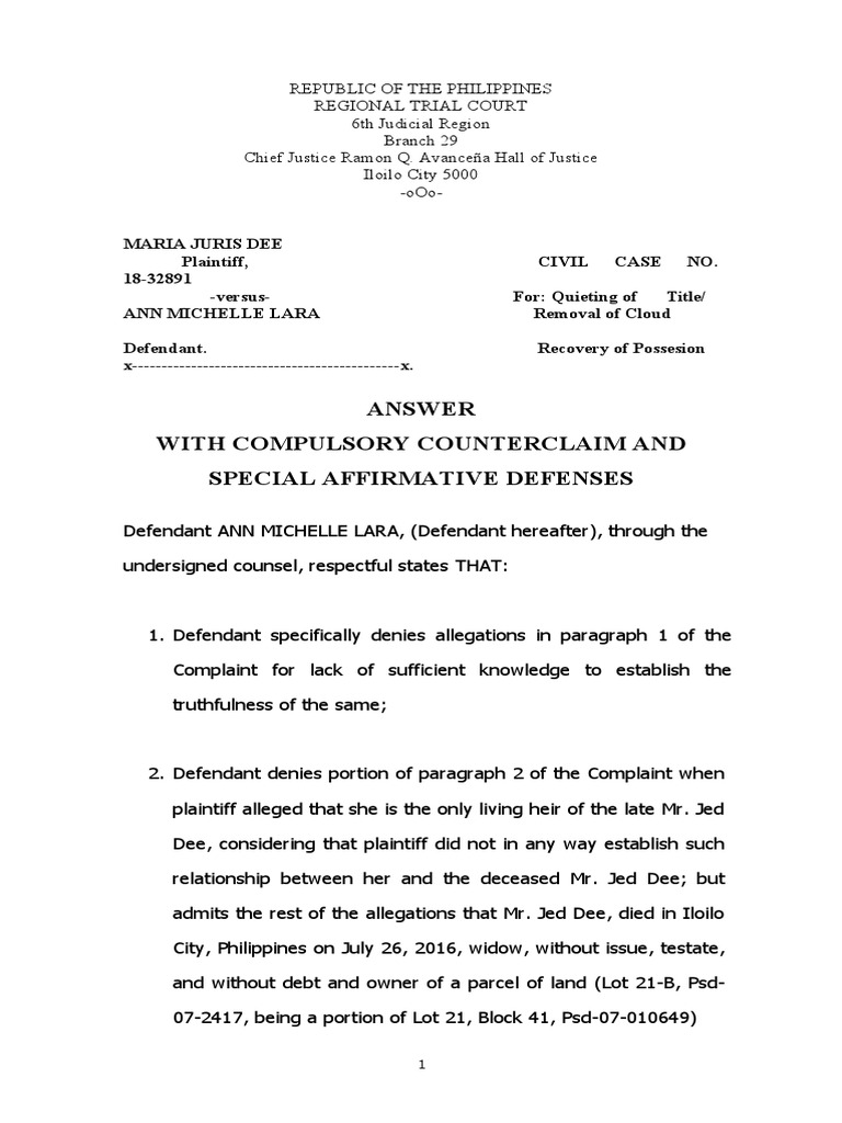 Defendant's Answer in Civil Case 18-32891 | PDF | Lawsuit | Complaint