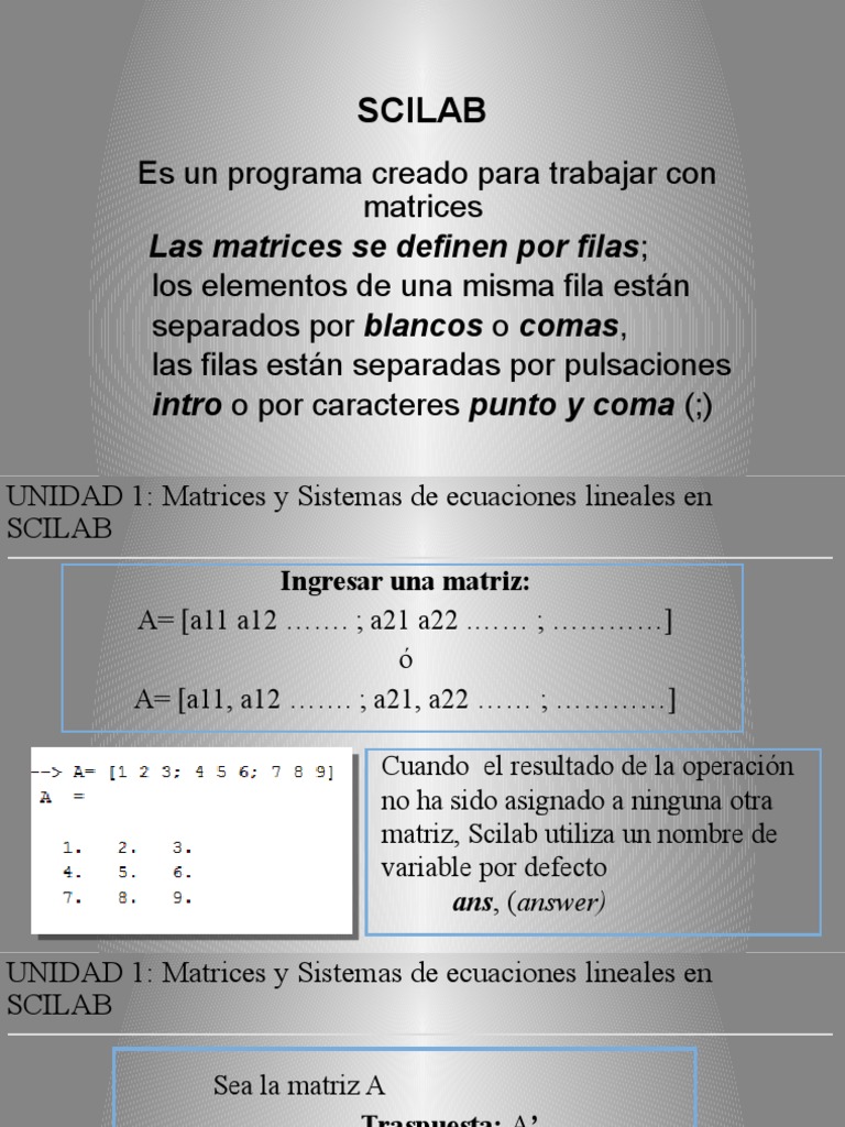 SCILAB-Unidad 123 | PDF | Matriz (Matemáticas) | Espacio vectorial