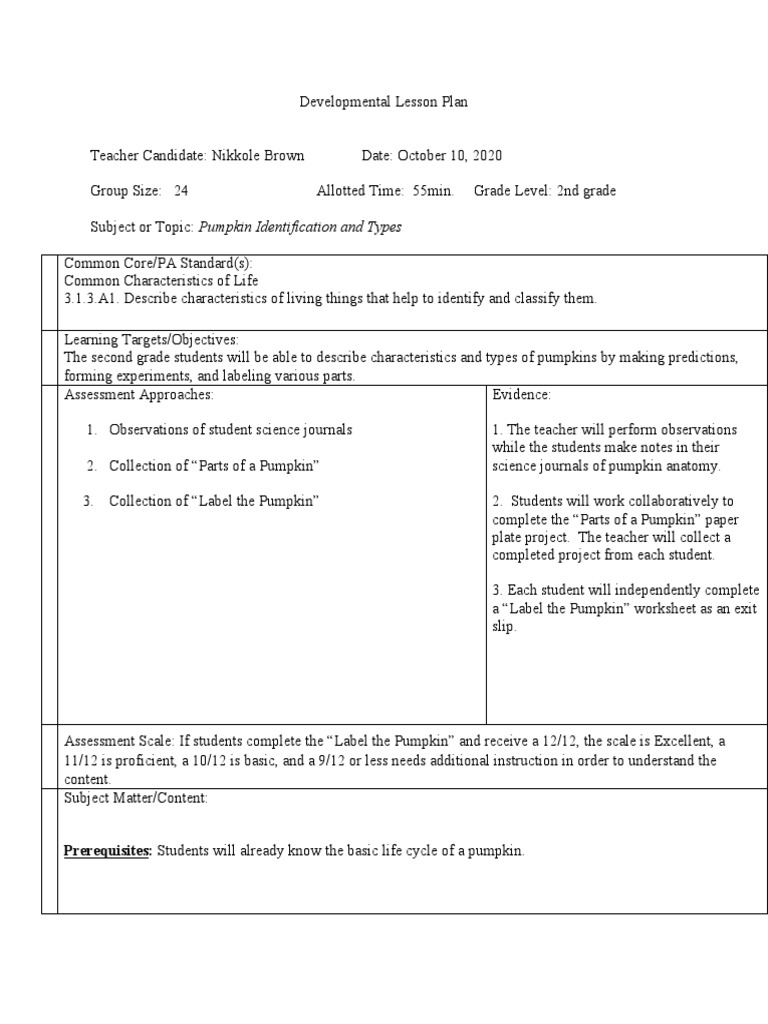 4 Pumpkin Lesson Plan 1 | PDF | Pumpkin | Lesson Plan