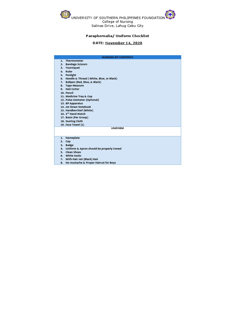 Paraphernalia Uniform Checklist | PDF