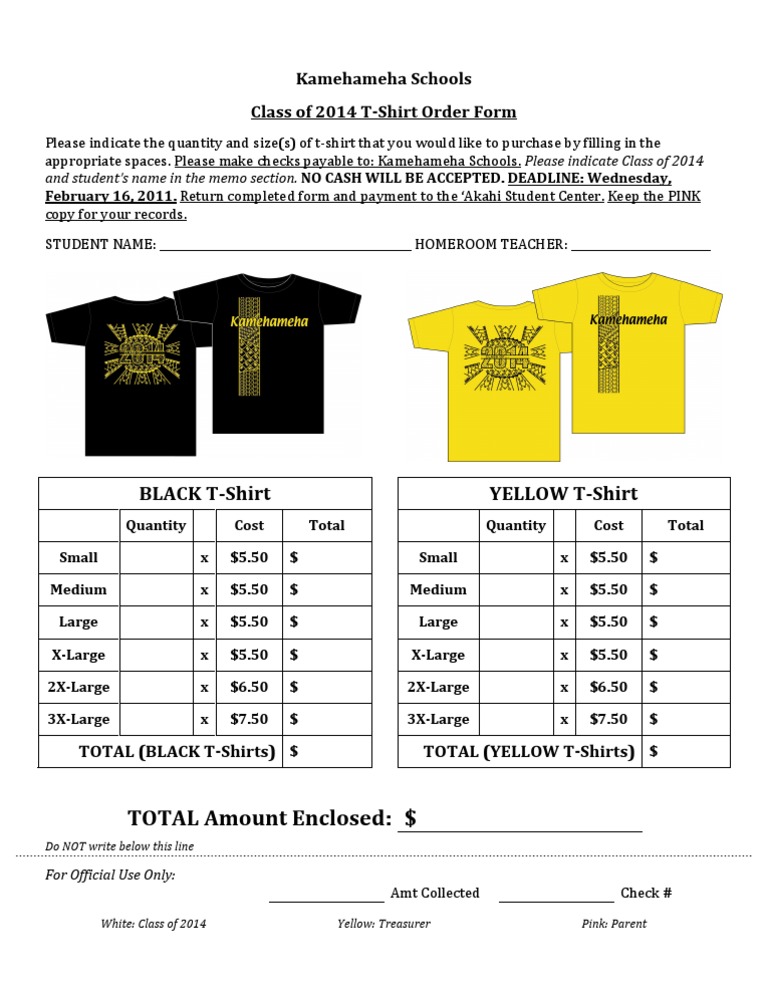 Kamehameha Schools Class of 2014 T-Shirt Order Form | PDF | Business