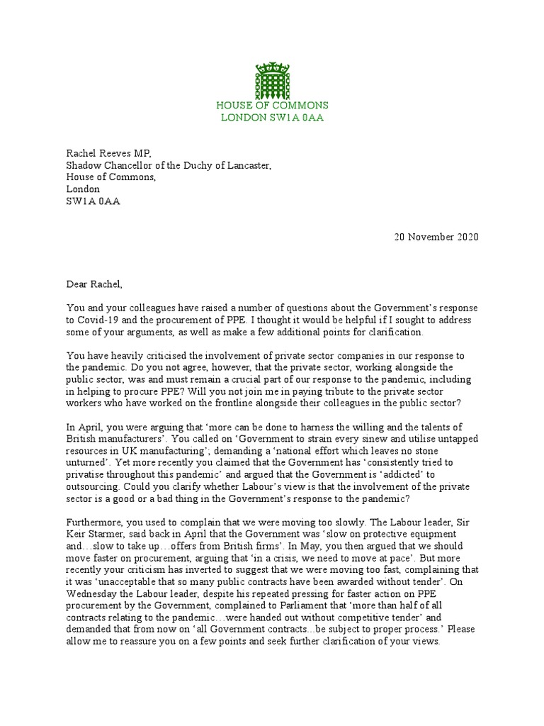 Gove Letter To Rachel Reeves 20 Nov 2020 | PDF | Government | Policy