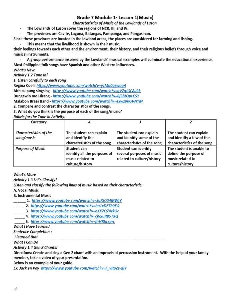 Grade 7 Module 1-Lesson 1 (Music) | Download Free PDF | Performing Arts | Music Theory