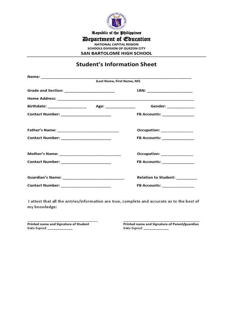 Student Information Sheet Template | PDF | Social Science