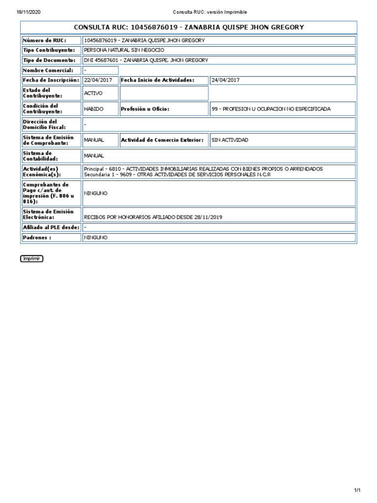 Ficha Ruc Ing. Jhon Zanabria PDF | PDF