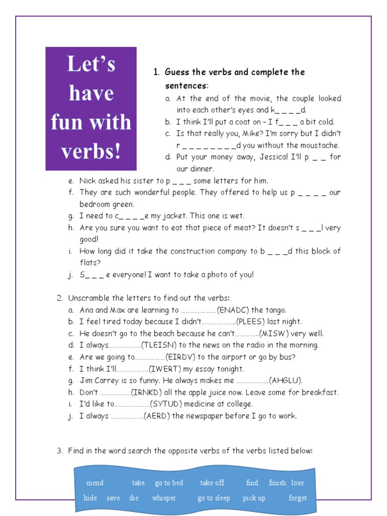 Let's Have Fun With Verbs!: 1. Guess The Verbs and Complete The ...