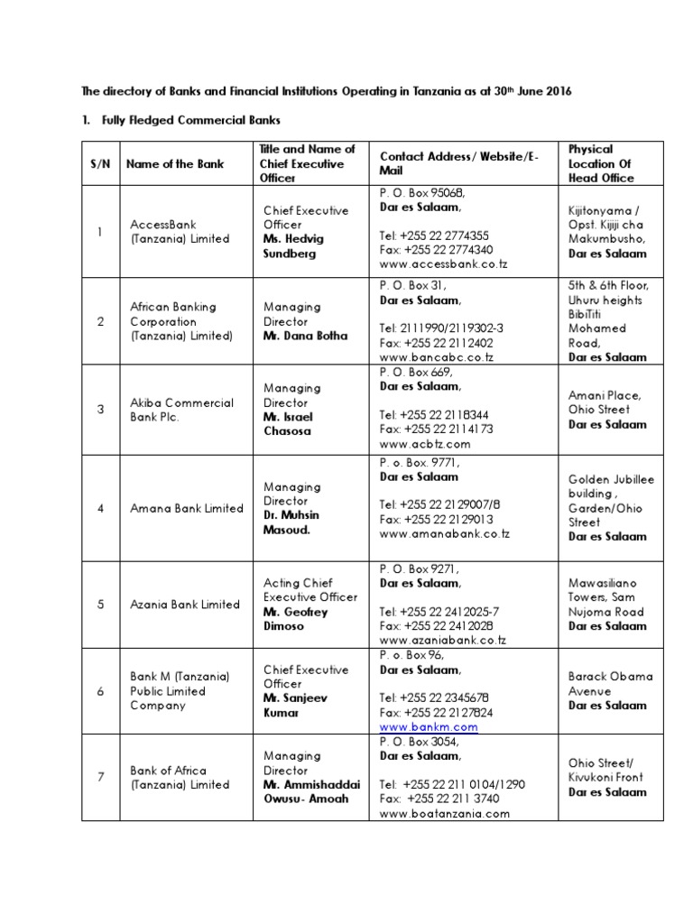 Directory of Banks and Financial Institutions Operating in Tanzania ...