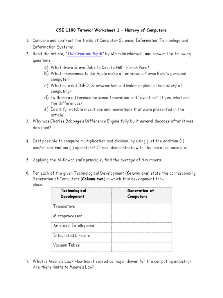 CSE 1100: History of Computers Worksheet | PDF