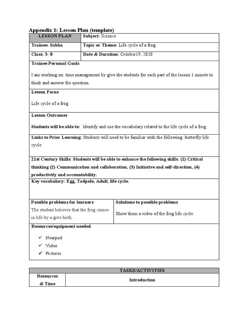 Lesson Plan Frog Life Cycle | PDF | Product Lifecycle | Lesson Plan