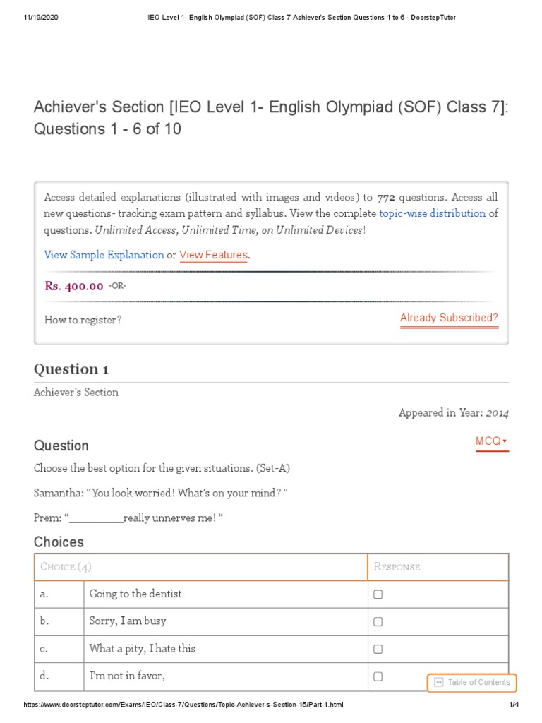 IEO Level 1 - English Olympiad (SOF) Class 7 Achiever's Section ...