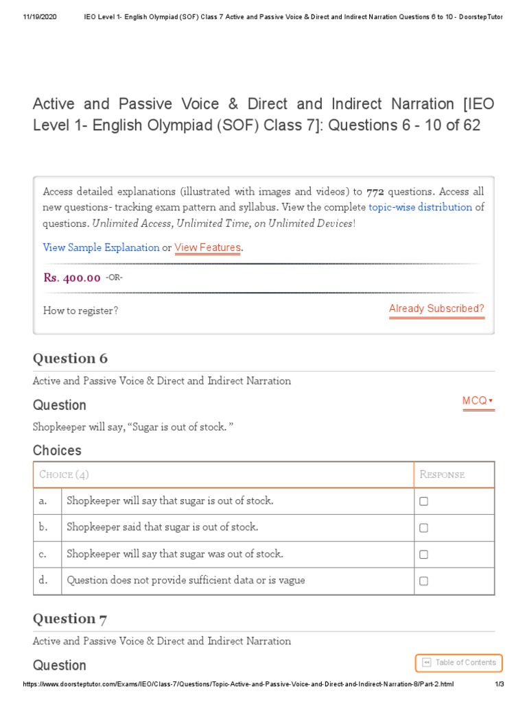 IEO Level 1 - English Olympiad (SOF) Class 7 Active and Passive Voice & Direct and Indirect ...