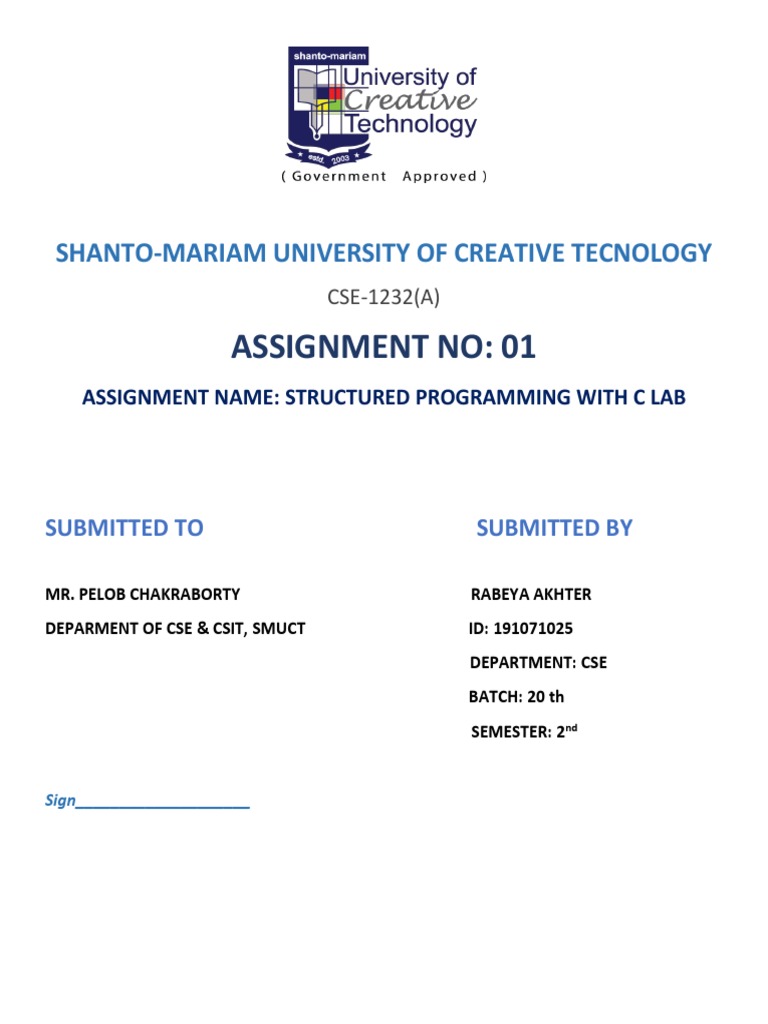 Assignment No: 01: Shanto-Mariam University of Creative Tecnology | PDF